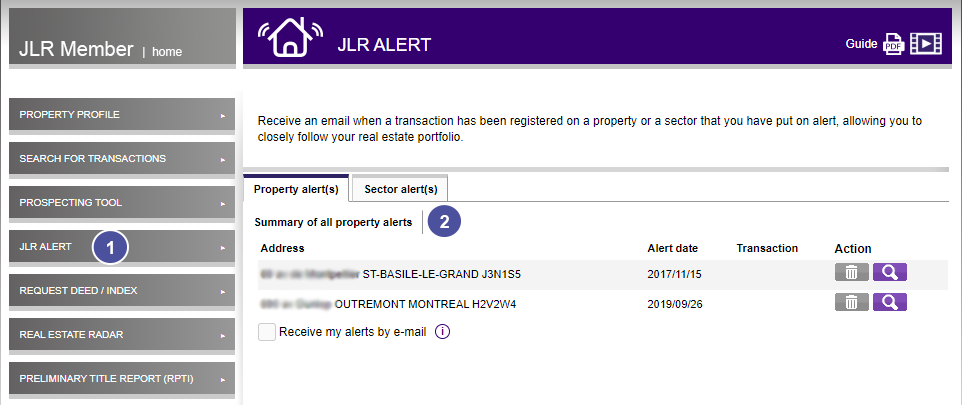How can I know which properties and sectors I have under alert?